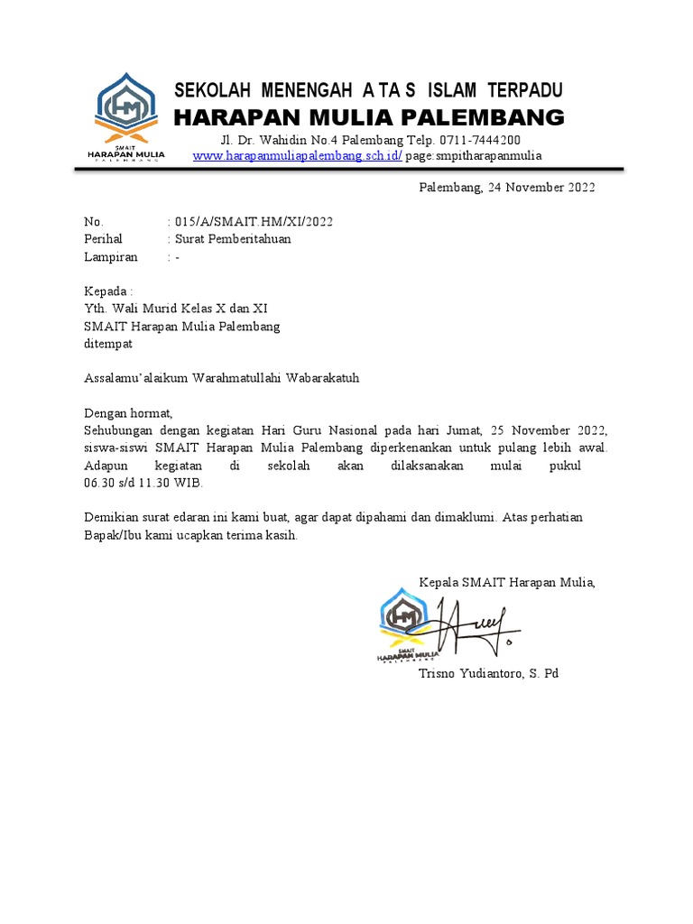 Pemberitahuan Pulang Awal Hari Guru | PDF