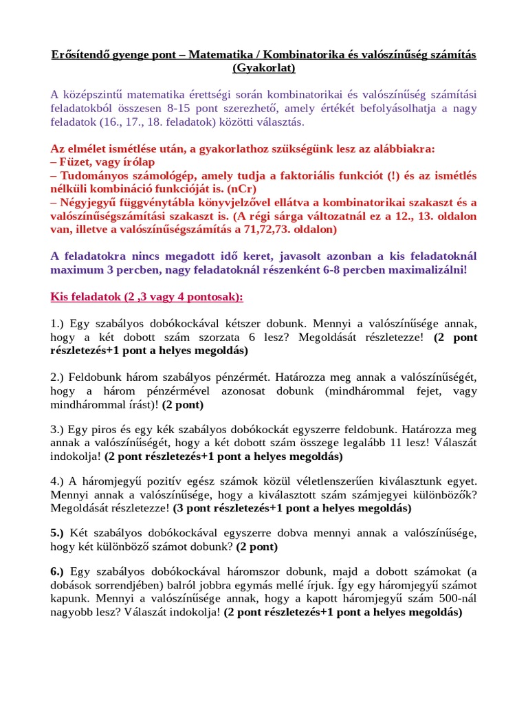 Valszám És Kombinatorika (Gyak) | PDF