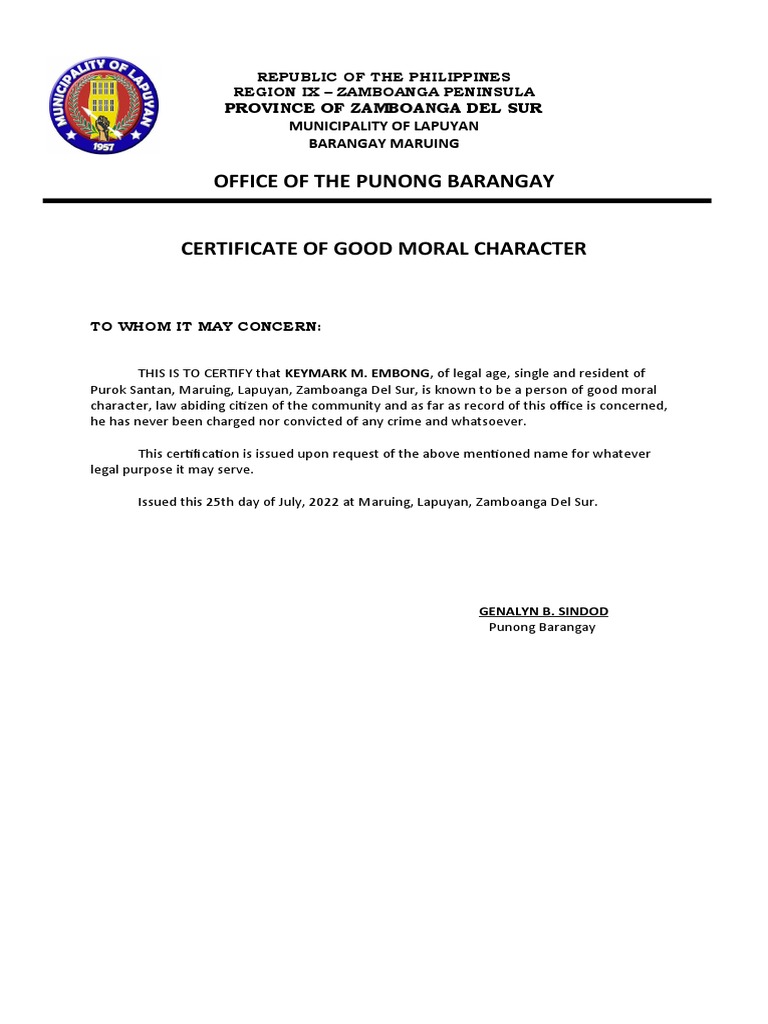Certificate of Good Moral Character | PDF