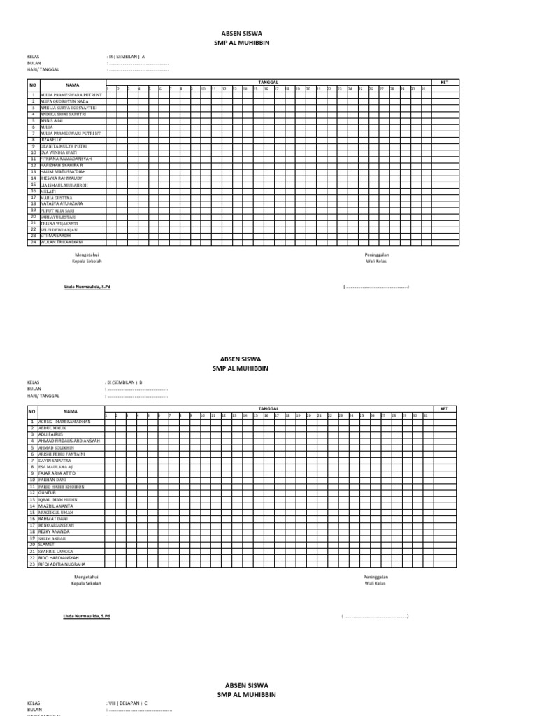 Daftar Absensi Siswa SMP Al Muhibbin | PDF