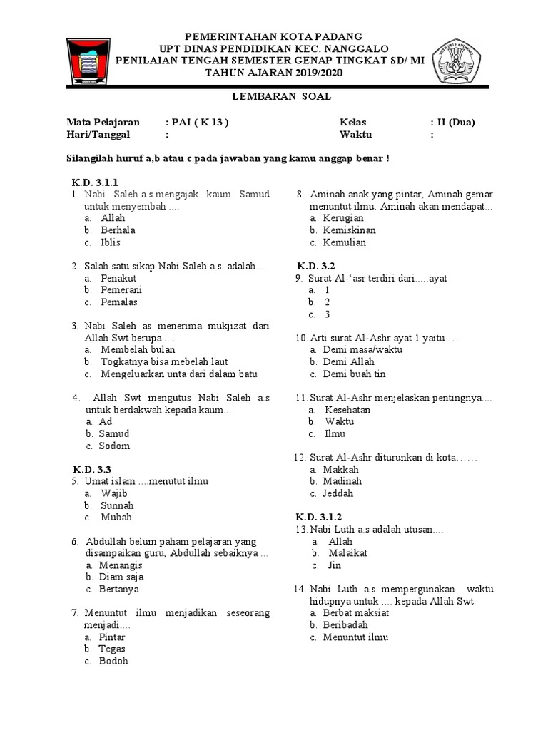 Soal PTS Kelas 2 Semester Genap TP 2019-2020 | PDF