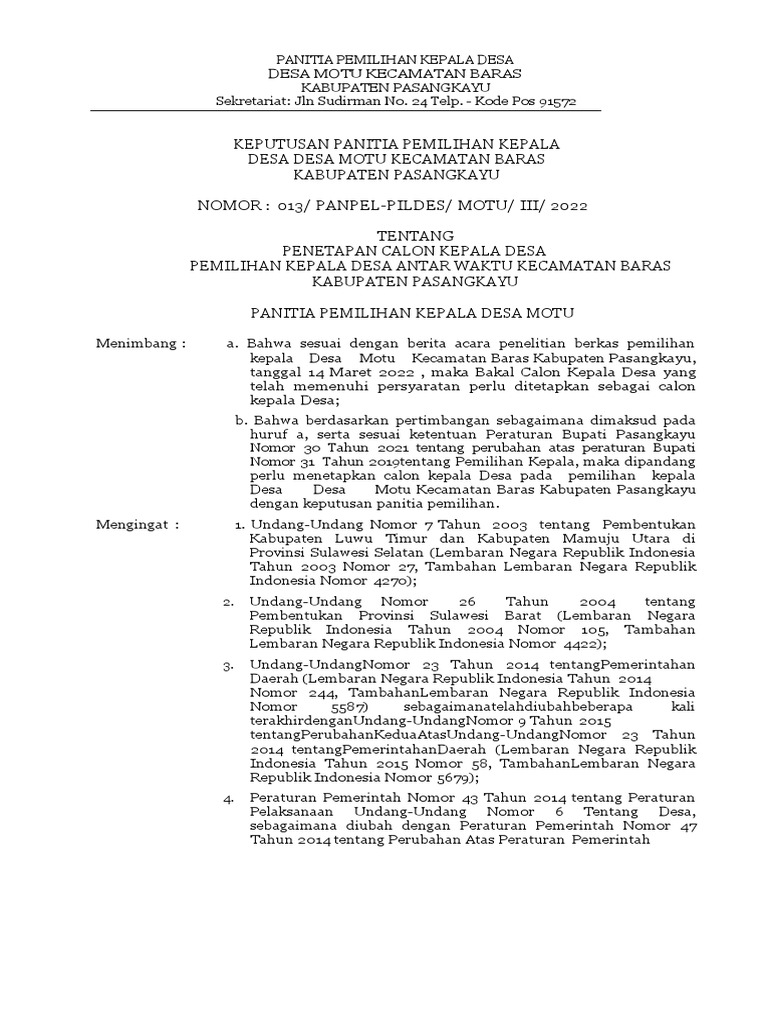 Surat Keputusan Penetapan Dan Penentuan Nomor Urut Calon Kepala Desa | PDF