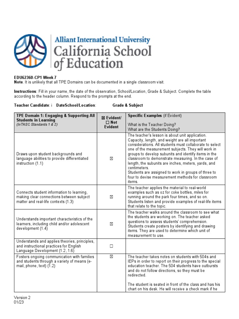 Week 7 Classroom Observation Form | PDF | Teachers | Learning