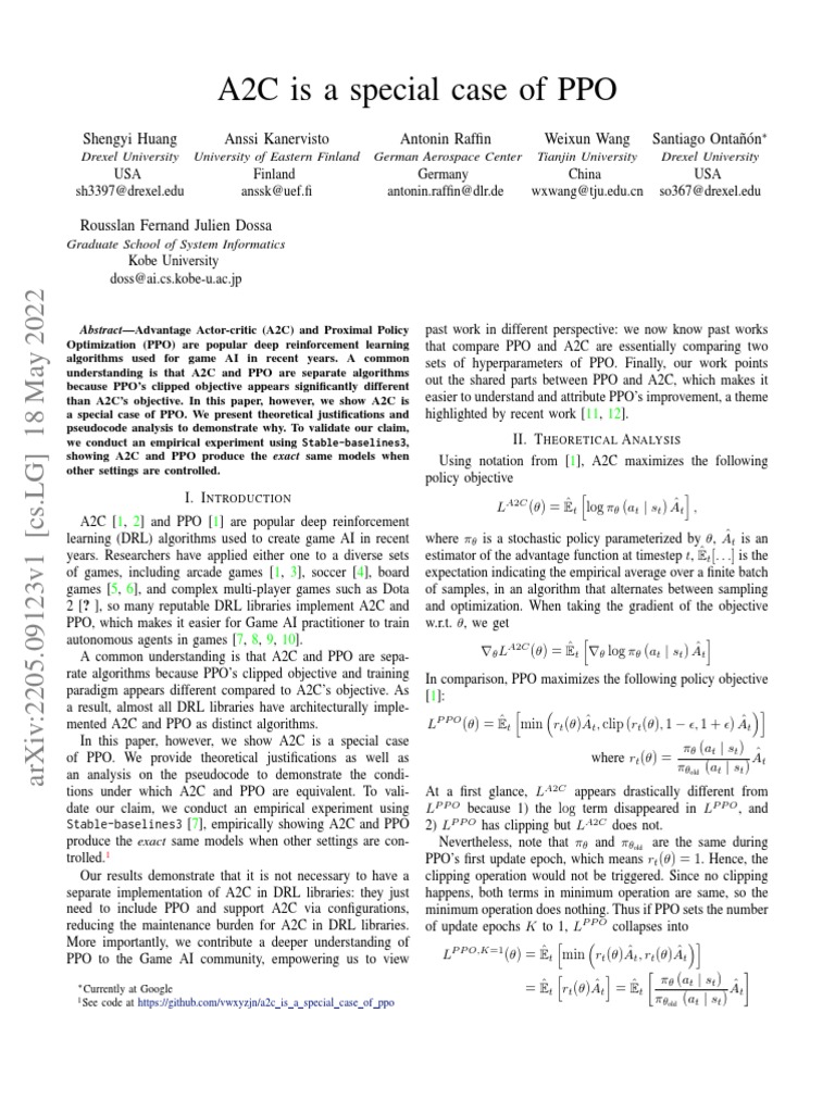A2C Is A Special Case of PPO | PDF | Computer Science | Learning