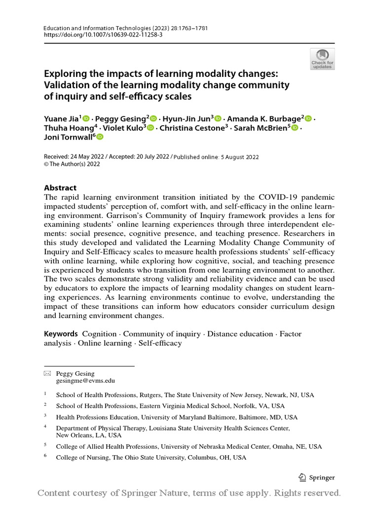 Exploring The Impacts of Learning Modality Changes | PDF | Self Efficacy | Educational Technology
