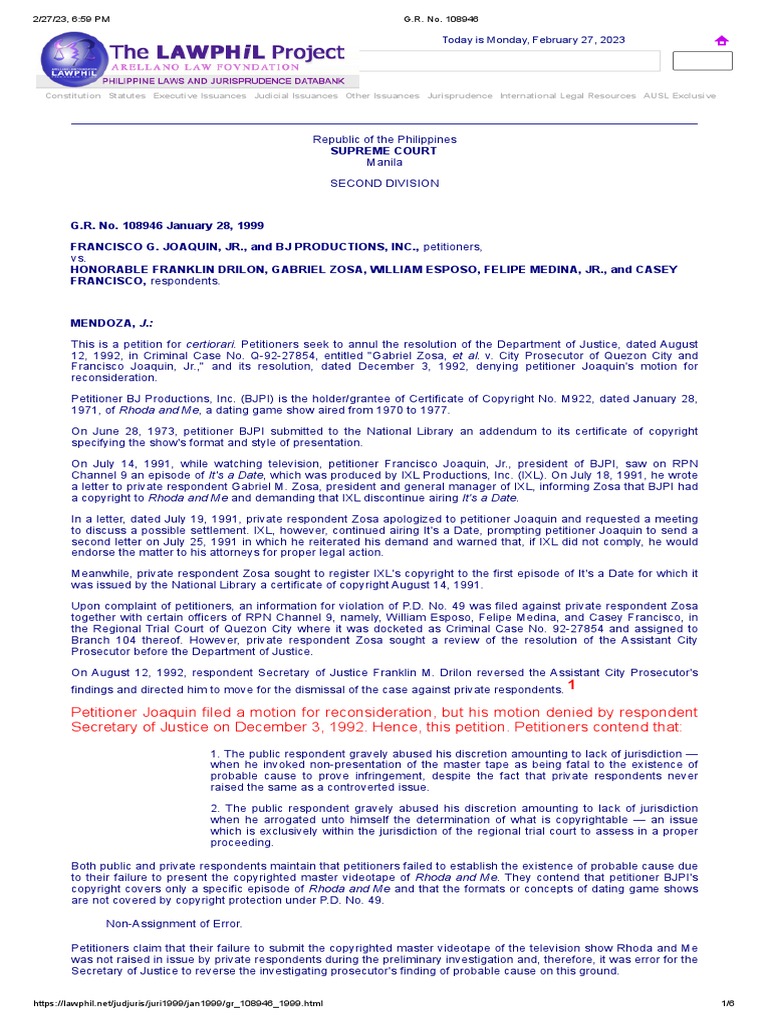 Supreme Court Case on Copyright Infringement of Dating Game Show | PDF ...