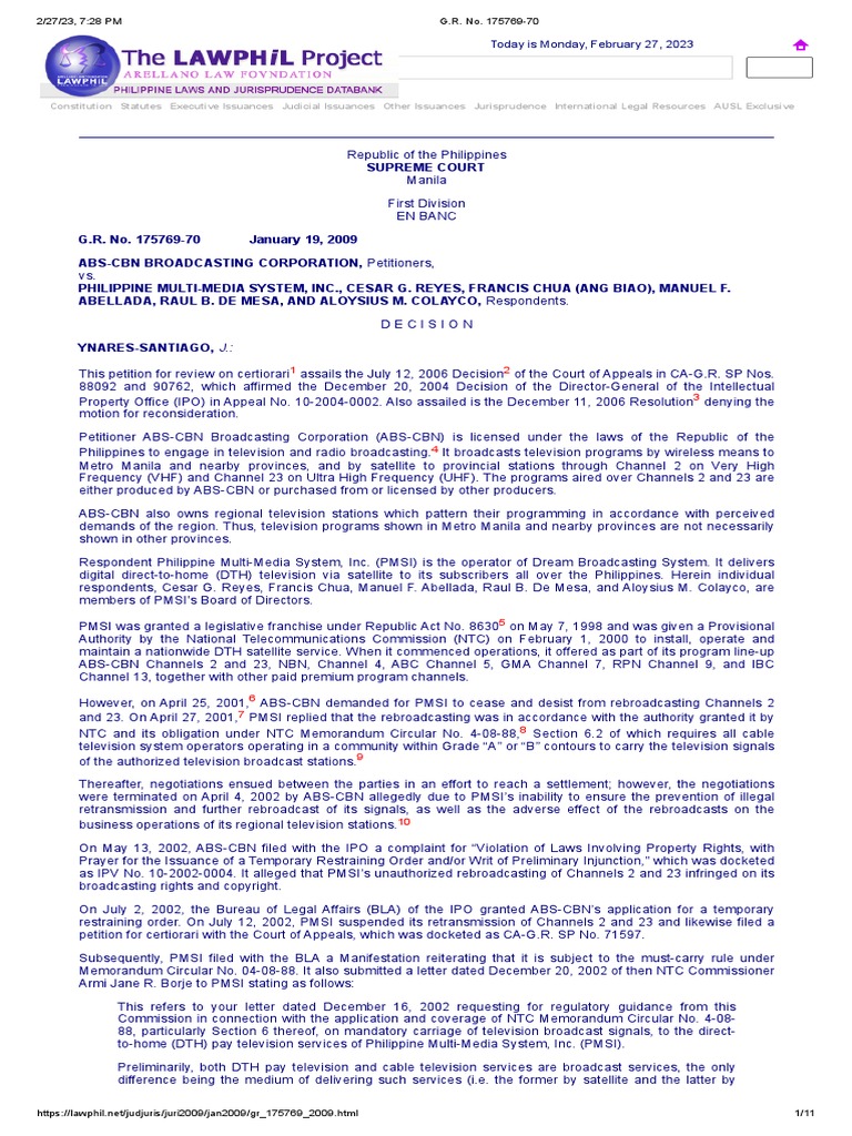 ABS-CBN Broadcasting vs. Philippine Multi-Media System, Inc. G.R. No. 175769-70 | Download Free ...