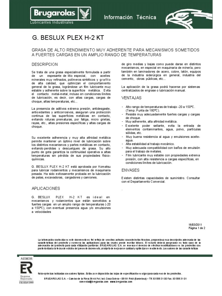 Brugarolas G. Beslux Plex H-2 KT | PDF | Lubricante | Química
