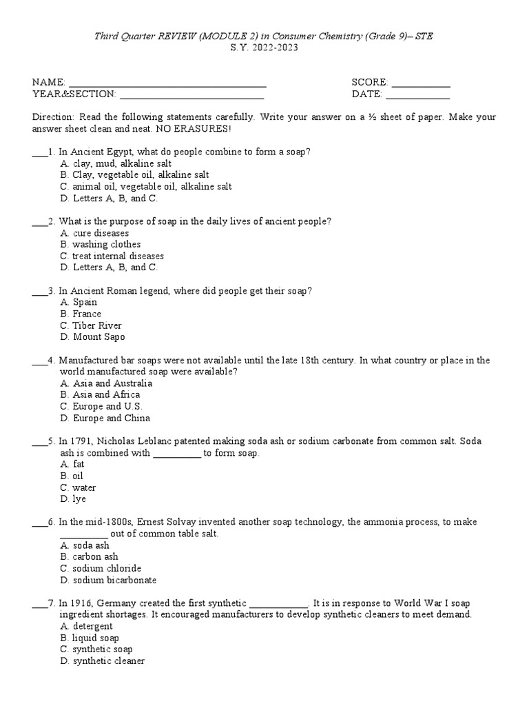 Soap and Detergent Quiz Review | PDF | Surfactant | Soap