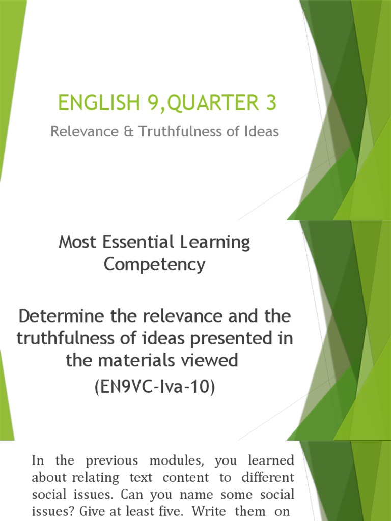 Quarter 3 Week 2 English 9 | PDF | Information | Relevance