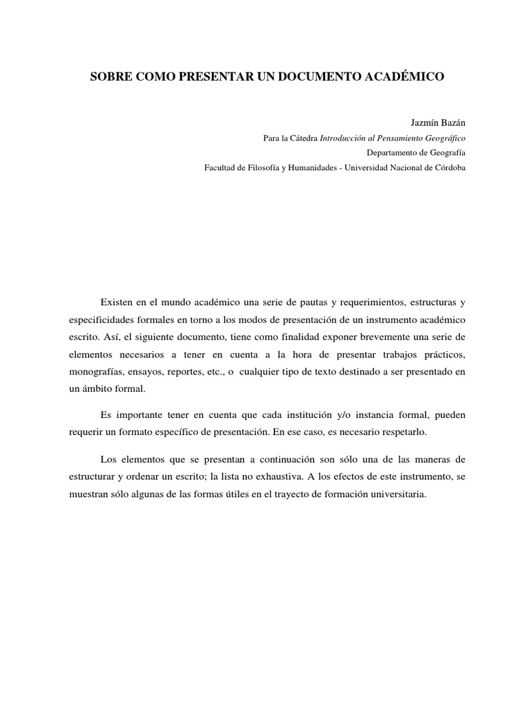Bazan J Como Presentar Un Documento Académico UNC | PDF | Bibliografía