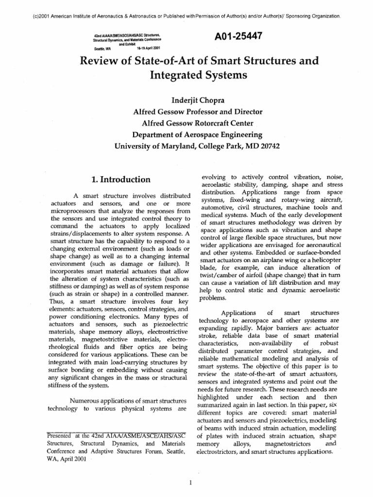 AIAA-2001-0-333-Review of State-Of-Art of Smart Structures and Integrated Systems | PDF ...