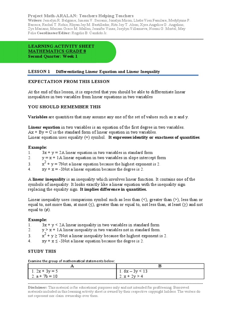Learning-Activity-Sheets_Math-Grade-8_Second-Quarter | PDF | Equations ...