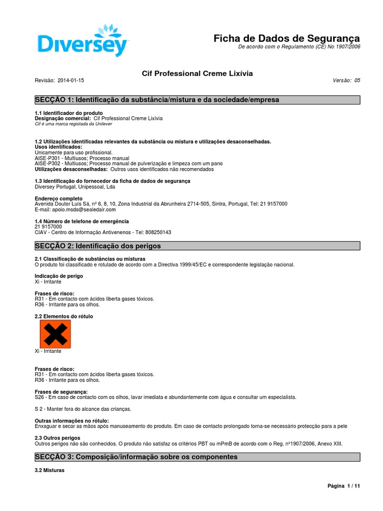 Cif Profissional Creme Lixivia FDS | PDF | Vapor | Primeiros socorros