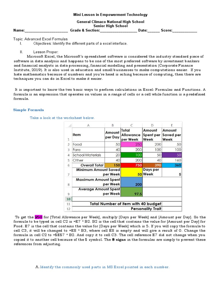Mini Lesson in Empowerment Technology Advanced Excel Formulas | PDF | Microsoft Excel | Spreadsheet
