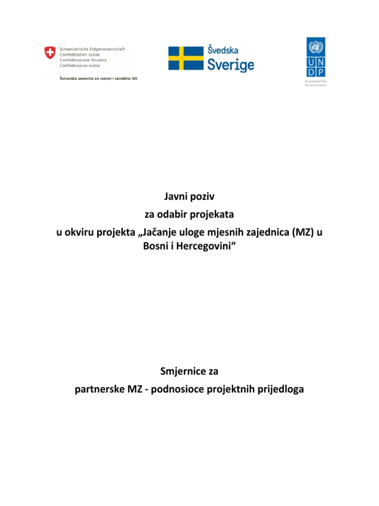 Javni Poziv Za Odabir Projekata U Okviru Projekta Jačanje Uloge Mjesnih Zajednica (MZ) U Bosni I ...