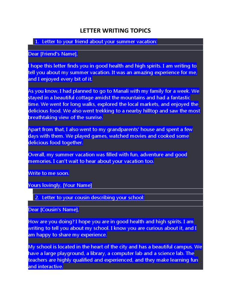 Letter Writing Topics | PDF | Teachers