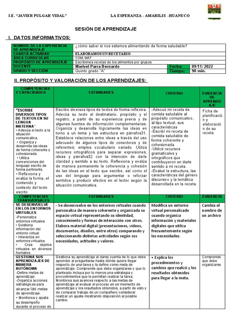 Sesión de Aprendizaje I. Datos Informativos:: "Escribe | PDF | Aprendizaje | Cognición