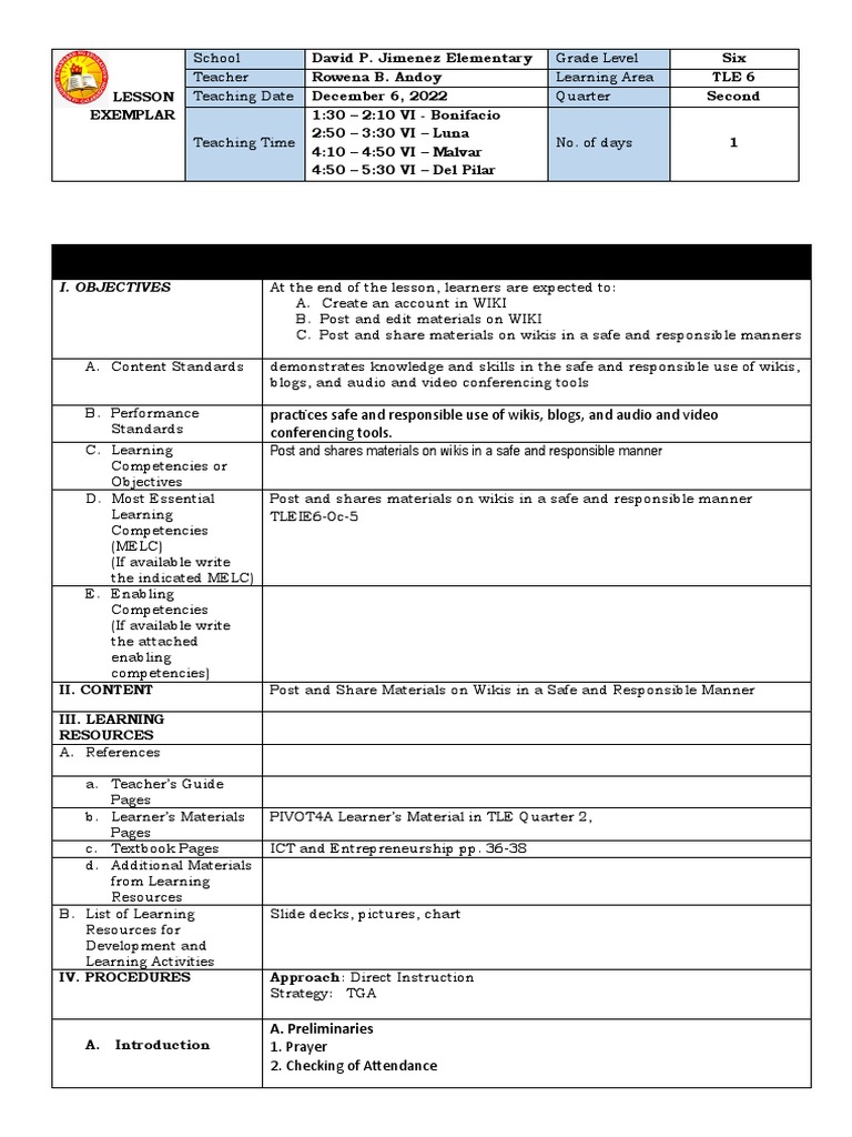 TLE 6 Lesson Plan: Using Wikis Safely | PDF | Wiki | Learning