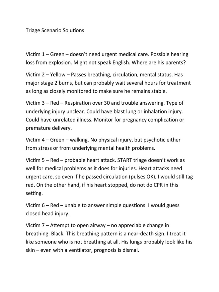 Triage Scenario Solutions | PDF | Injury | Cardiopulmonary Resuscitation