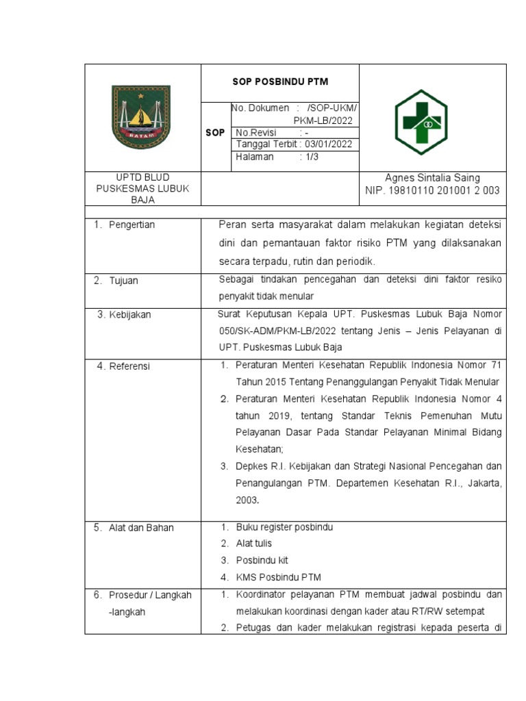 Sop Posbindu PTM - 2022 | PDF