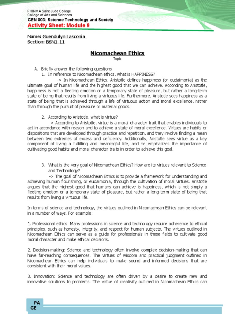 Module 9 STS Activity Sheet | PDF | Happiness | Virtue