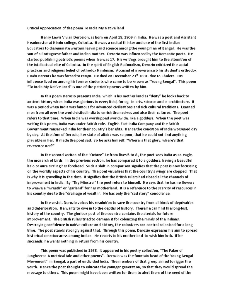 Critical Appreciation of The Poem To India My Native Land | PDF
