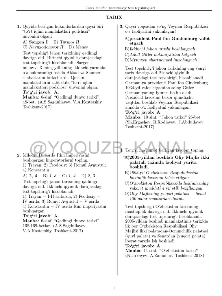 Tarix Fanidan Namunaviy Test Topshiriqlari | PDF