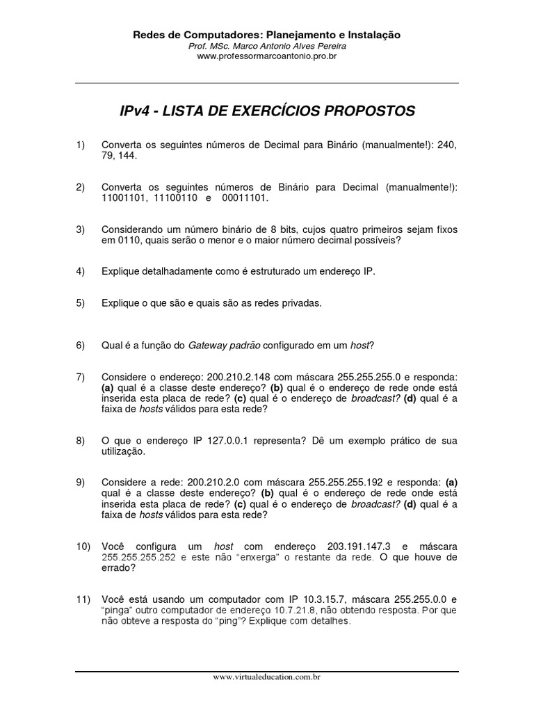 Lista de Exercícios Propostos IPv4 | PDF