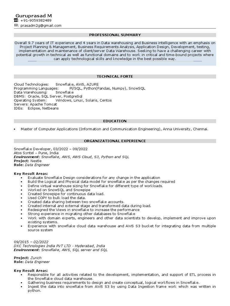 Guruprasad-Updated CV | PDF | Databases | Sql