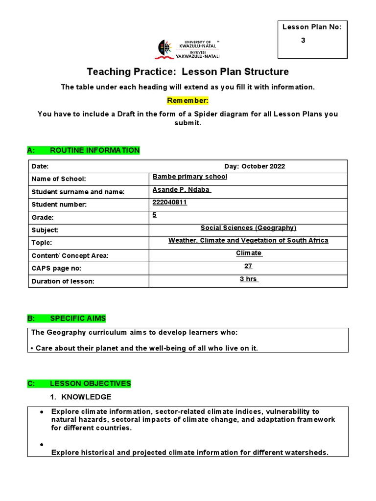 Lesson Plan 3 Asande P. Ndaba 222040811 EDTP 121 | PDF | Greenhouse ...