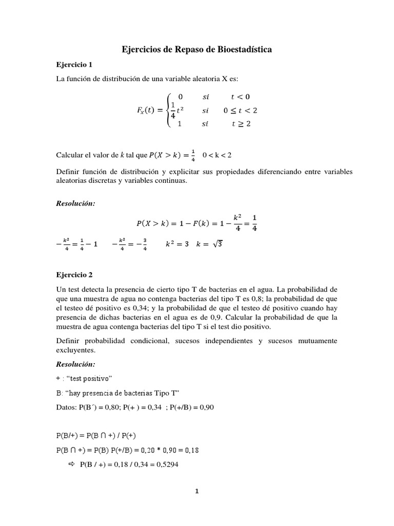 Ejercicios de Repaso de Bioestadística: Cálculos de Probabilidad y Estadísticos Básicos | PDF ...