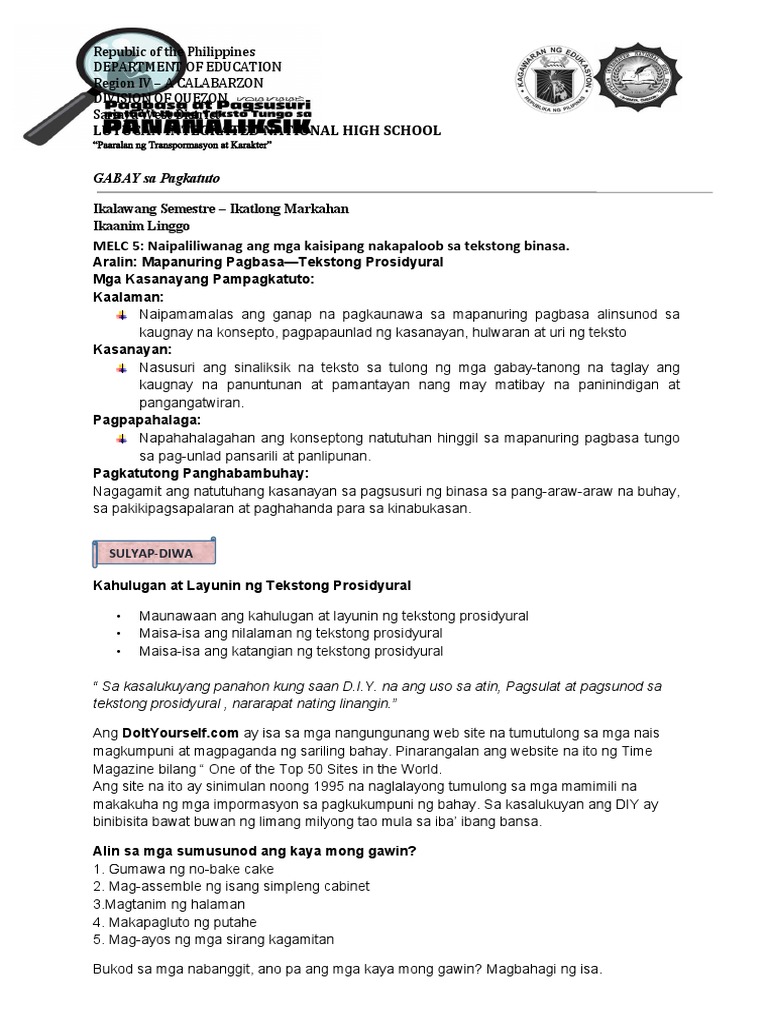 Gabay Sa Pagkatuto para Sa Ikaanim Na Linggo | PDF