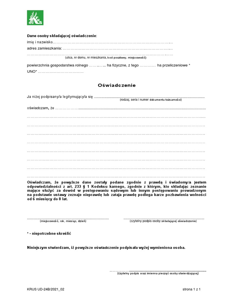 KRUS UD-24B 2021 02 Oswiadczenie | PDF