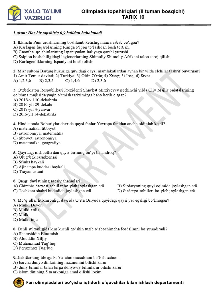 10 Tarix Savollar | PDF