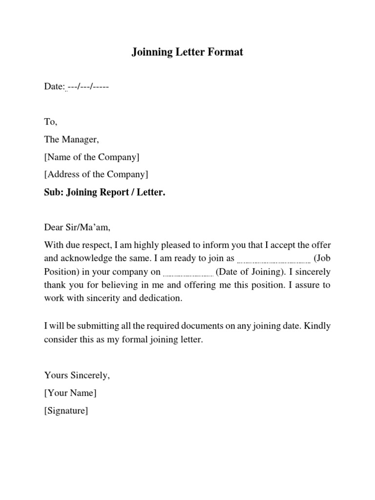 Joinning Letter Format: Sub: Joining Report / Letter | PDF