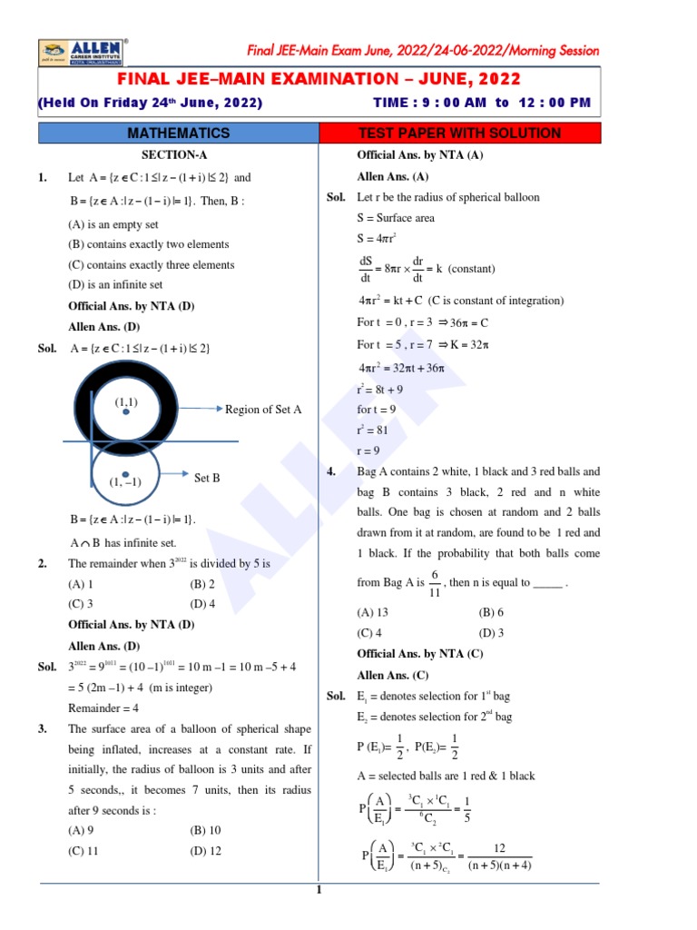 Allen: Final Jee-Main Examination - June, 2022 | PDF | Equations ...