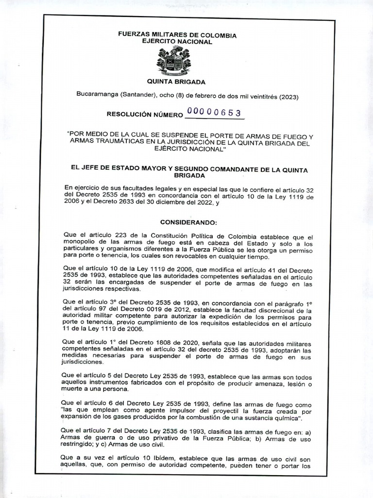 Resolucion 653 Del 2023 Quinta Brigada - Desan - Denor - Deant - Debol - Deboy - Deces 1 | PDF ...