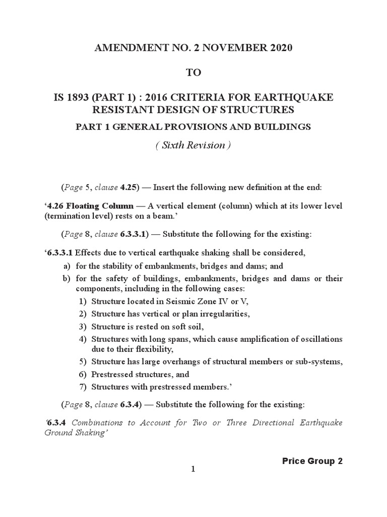 Amendment No. 2 November 2020 TO Is 1893 (Part 1) : 2016 Criteria For Earthquake Resistant ...