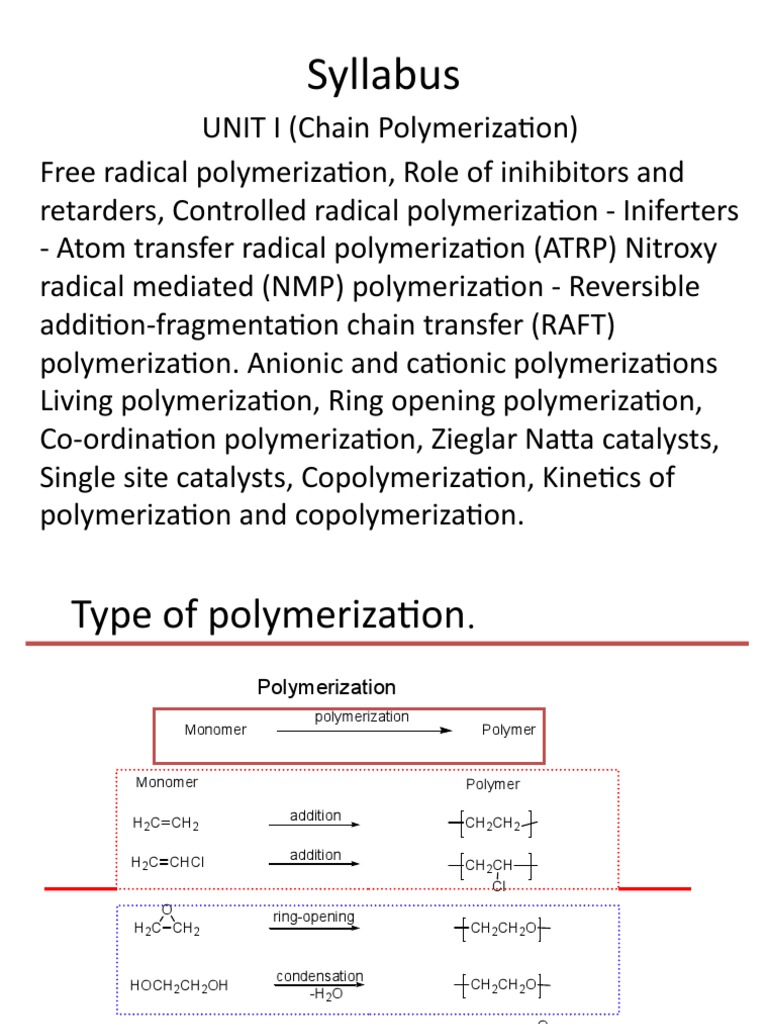Unit I | PDF | Polymerization | Radical (Chemistry)