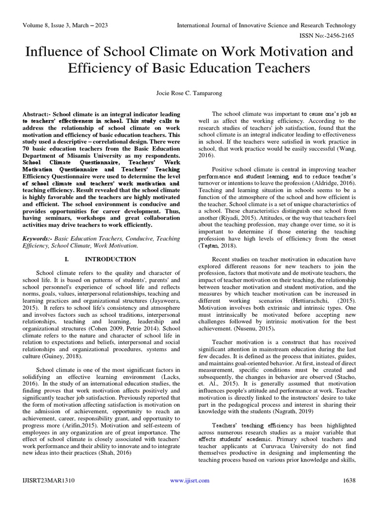 Influence of School Climate On Work Motivation and Efficiency of Basic ...