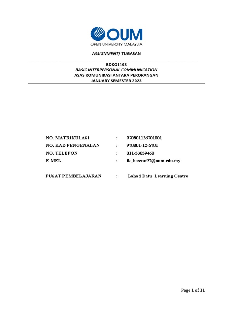 Assignment/ Tugasan - Basic Interpersonal Communication | PDF | Ilmu Sosial