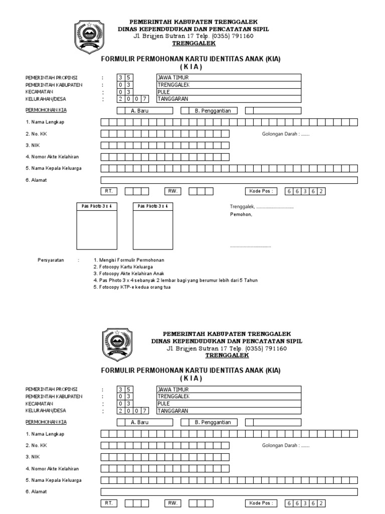 Formulir Permohonan Kartu Identitas Anak (KIA) | PDF