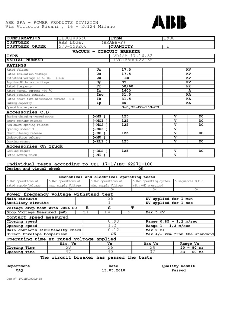ABB vacuum circuit breaker passes tests | PDF | Voltage | Electric Motor