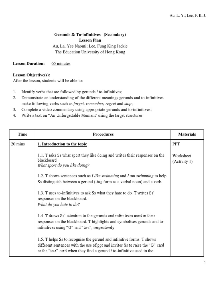 Gerunds Infinitives Junior Secondary Lesson Plan Final | Download Free PDF | Linguistics | Syntax