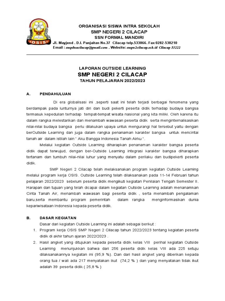 LAPORAN OUTSIDE LEARNING SMP NEGERI 2 CILACAP | PDF