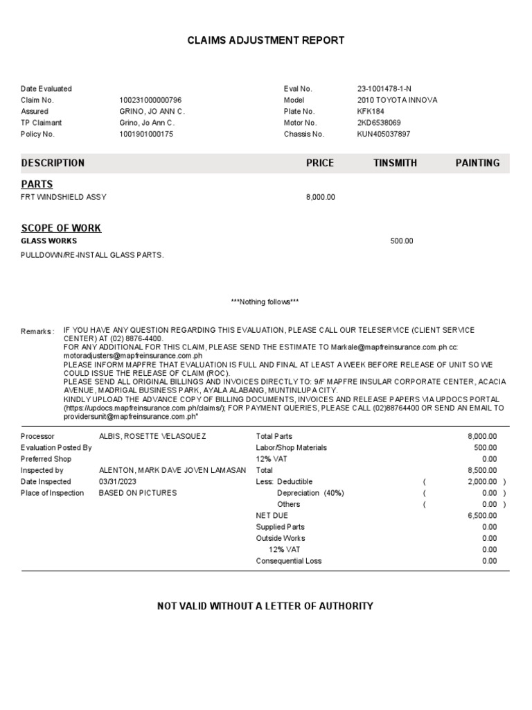 Claims Adjustment Report for Toyota Innova | PDF | Economies | Taxes
