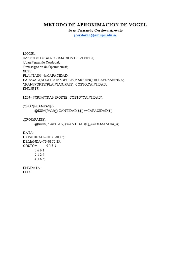 Metodo de Aproximacion de Vogel: Juan Fernando Cordova Arevalo | PDF