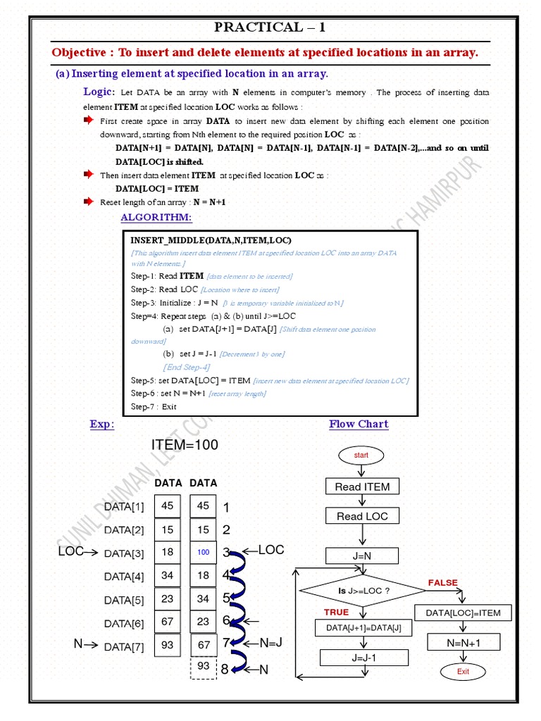 Practical - 1: Objective: To Insert and Delete Elements at Specified Locations in An Array | PDF ...