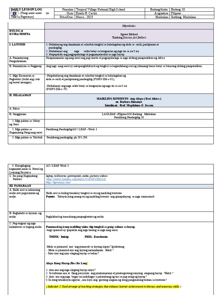 Daily Lesson Log: Dulog at Estratehiya I. Layunin | PDF